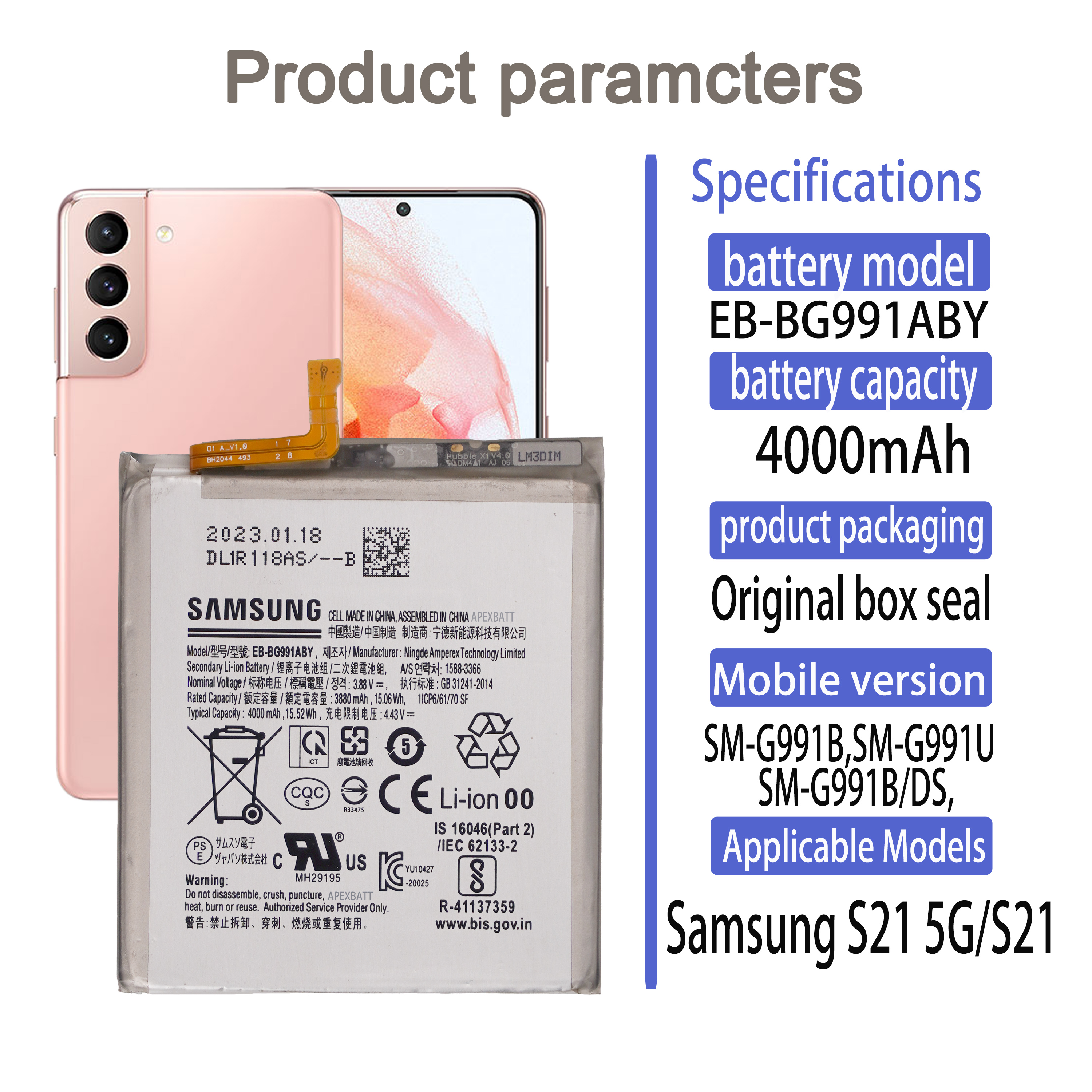 APEXBATT For Samsung Galaxy S21 5G Battery SM-G991B/DS 4000mAh EB ...