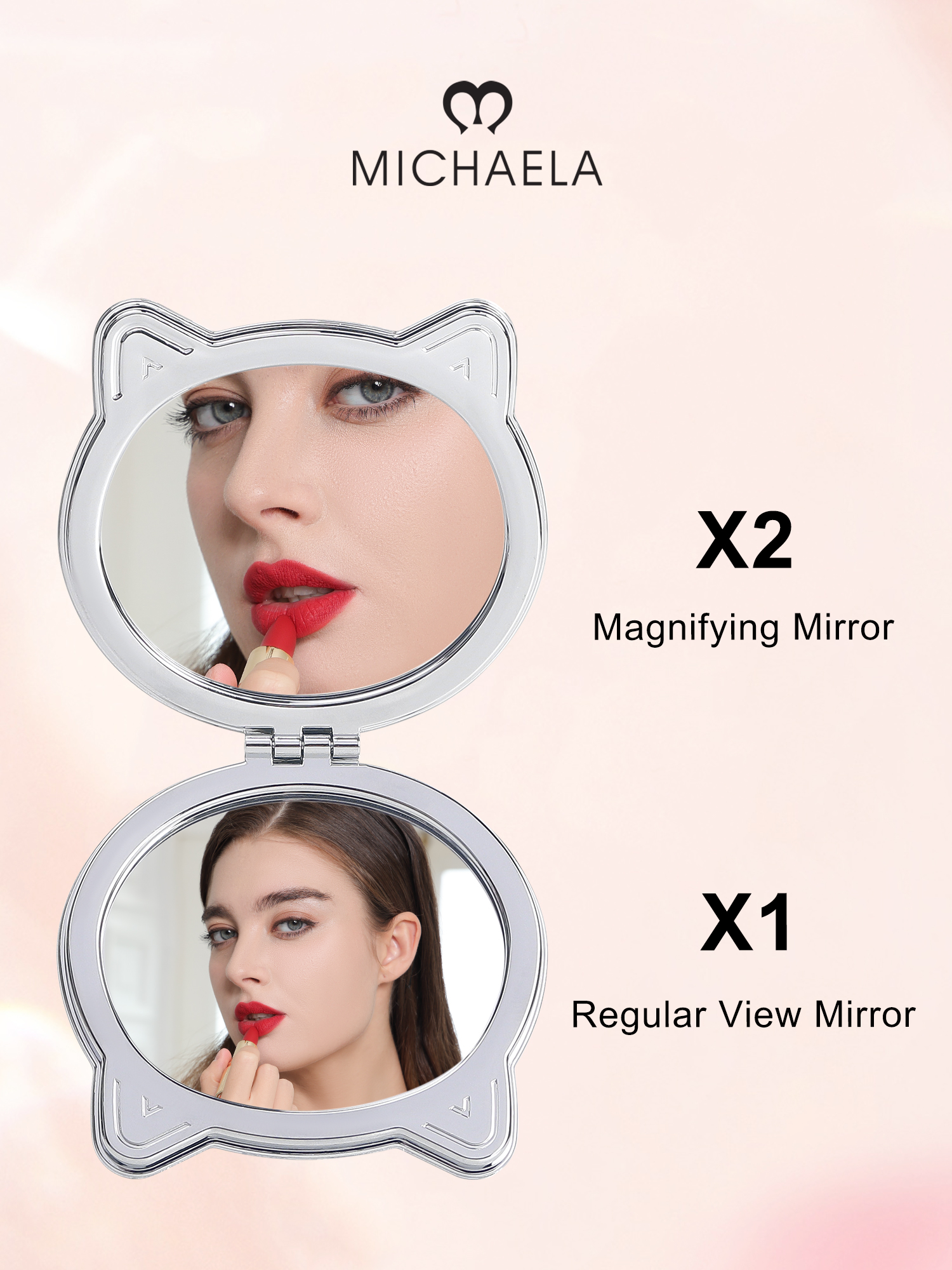 MICHAELA Cat-Shaped Mini Mirror Playful Checkered 2X Magnification for ...