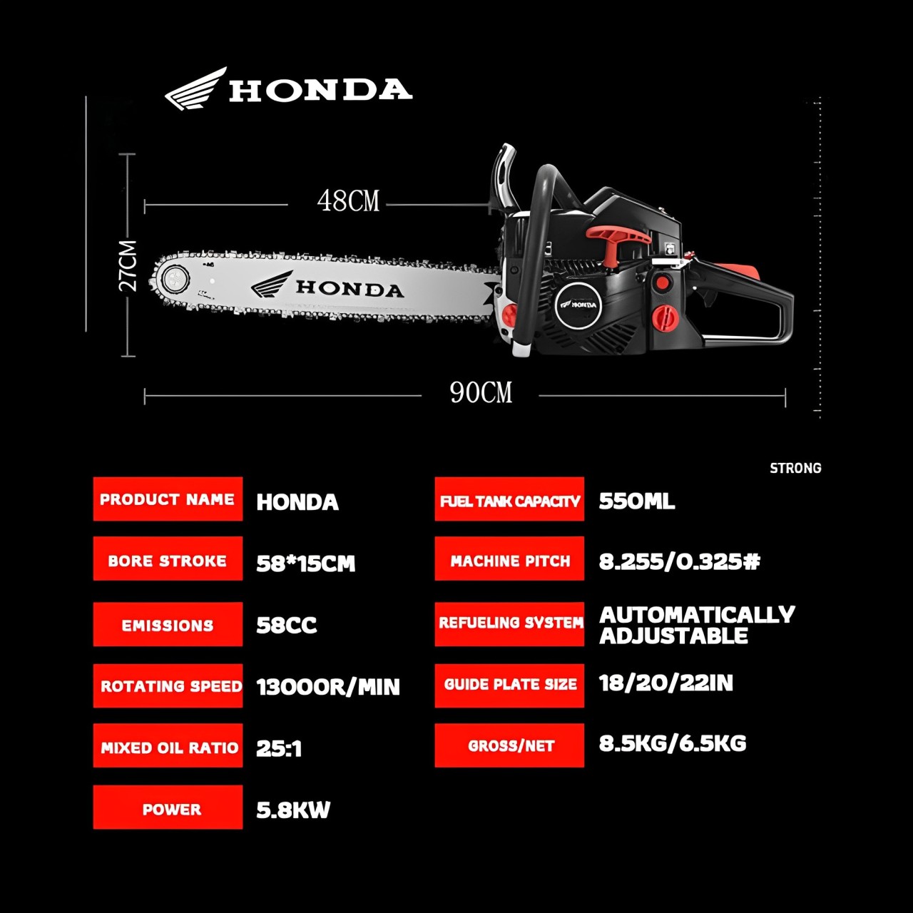 Honda Gasoline Chainsaw With High Power 9900W Easy To Start Anti ...