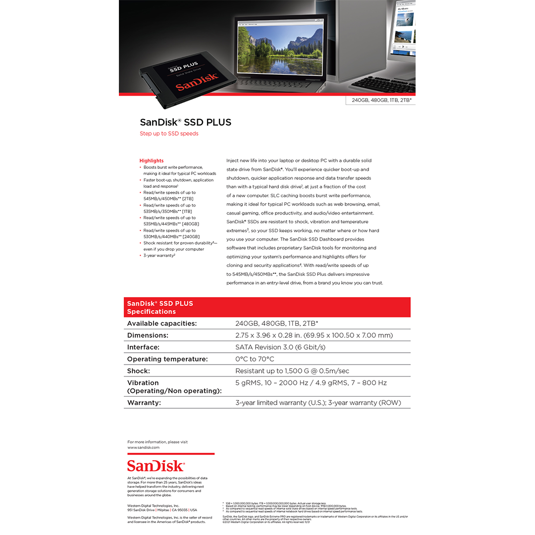 Sandisk SSD PLUS 480GB/1TB 2.5 Inch SATA 3 Solid State Drive | Internal ...