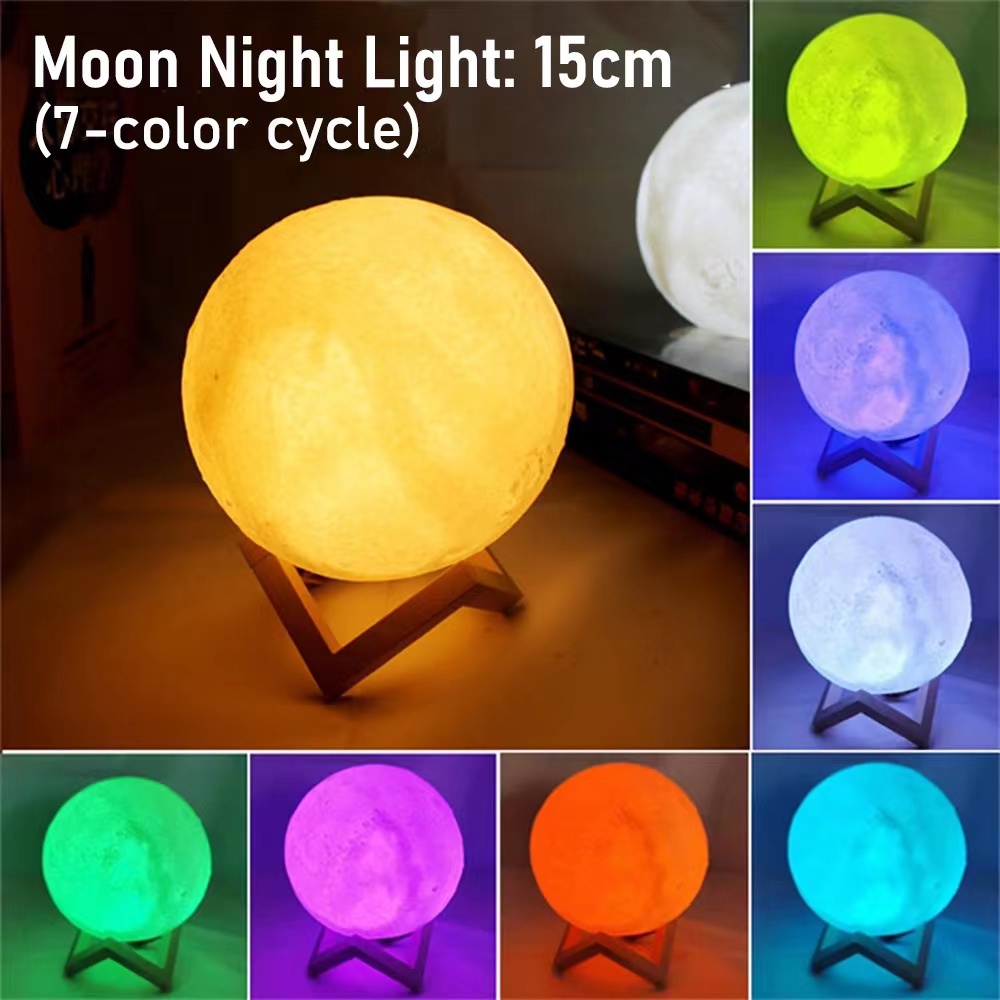 3D Print Moon LED Night Lamp 7 Colors Tap and Touch Control Home Decor ...