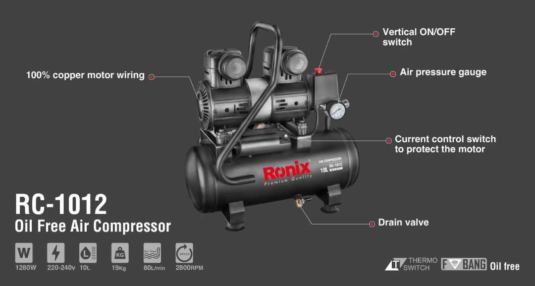 Ronix RC-1012 Silent Air Compressor 1280W | 10L Tank Capacity | Shopee ...