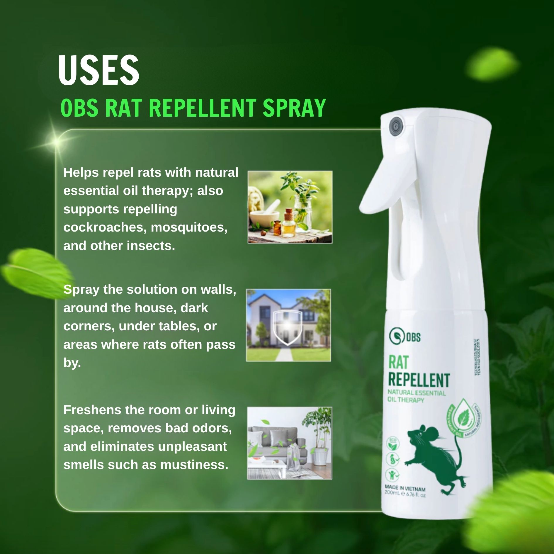 OBS Rat Repellent Spray 200ml, Natural Mouse Repellent for Home, Safe ...