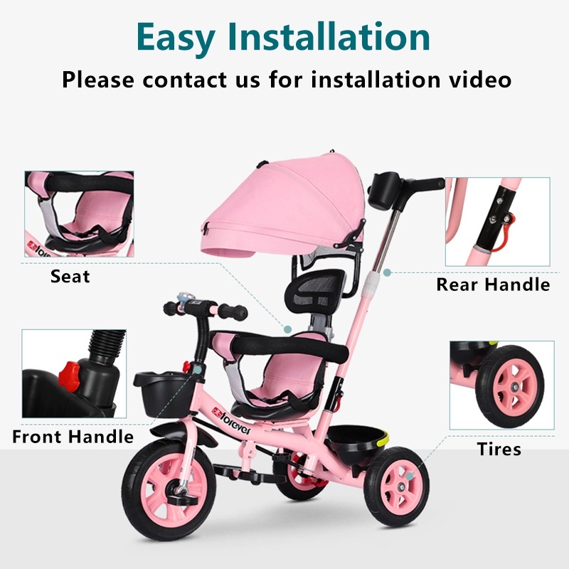 【Warranty】3 in 1 Stroller Bike For Kids Girl With Awning And Handle 3 Wheels Trolley Bike With ...