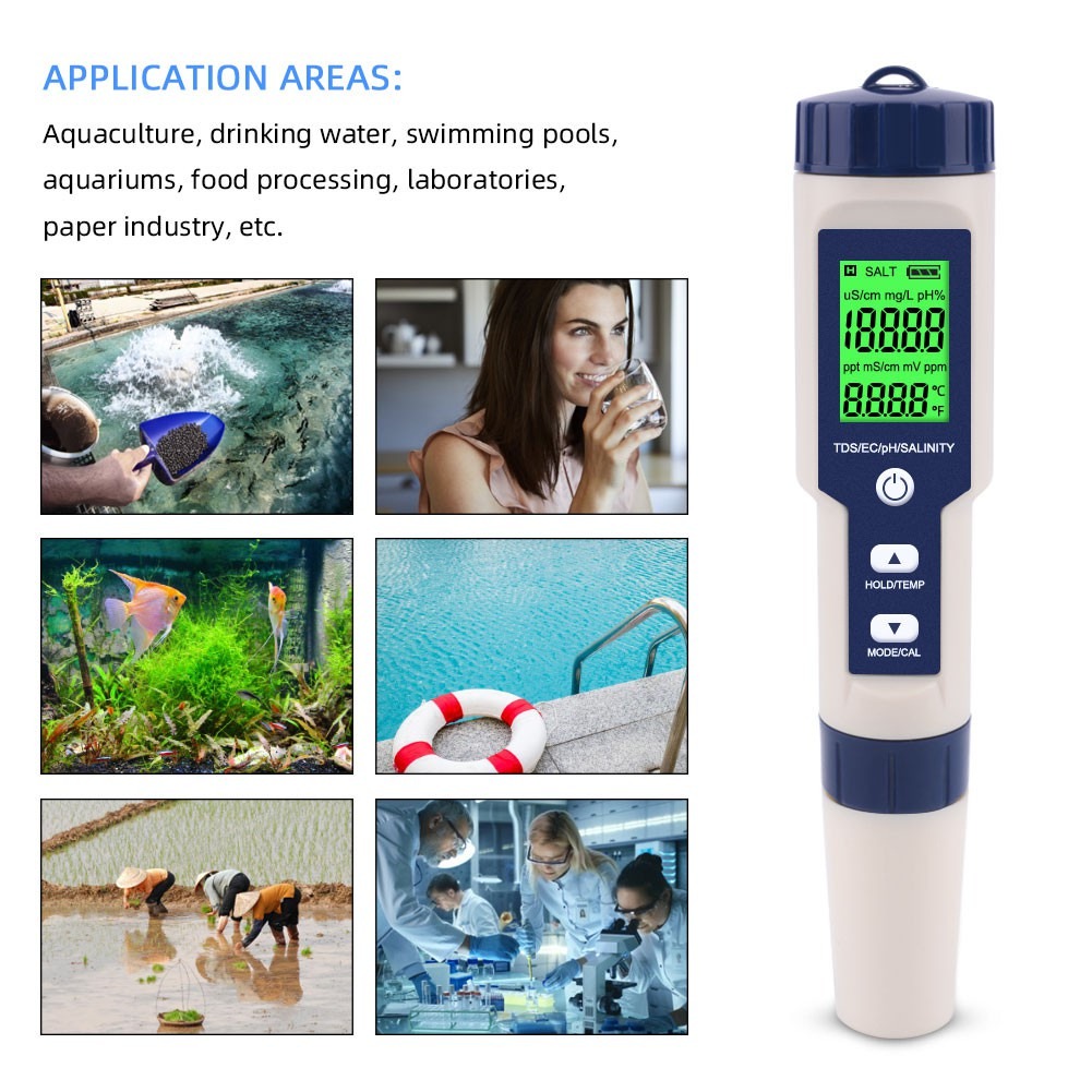 Reeopee 5 In 1 PH Meter Water Quality Tester PH/EC/TDS/Salinity/TEMP ...