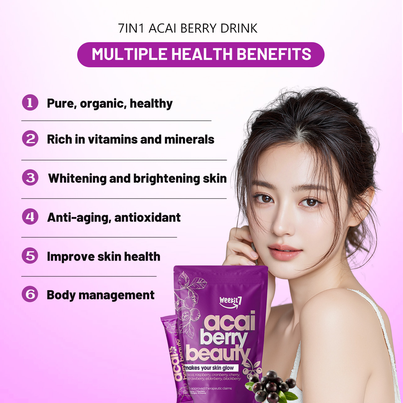 【FDA 】Weekit7 Acai Berry Powder Organic Mixed Berry Beauty Juice Anti ...