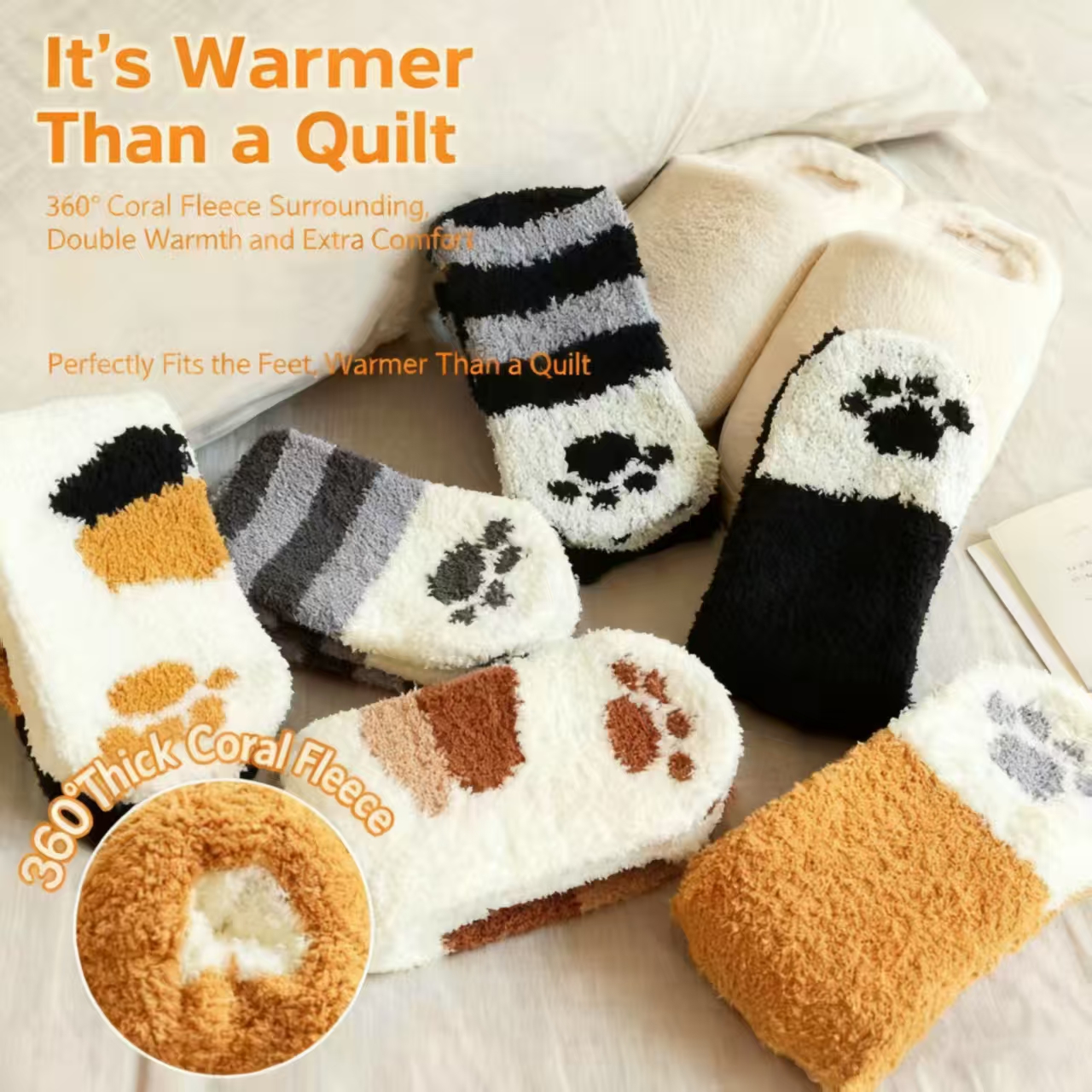 Cozy Cat Paw Coral Fleece Socks Thickened Thermal Sleep Socks for Cold ...
