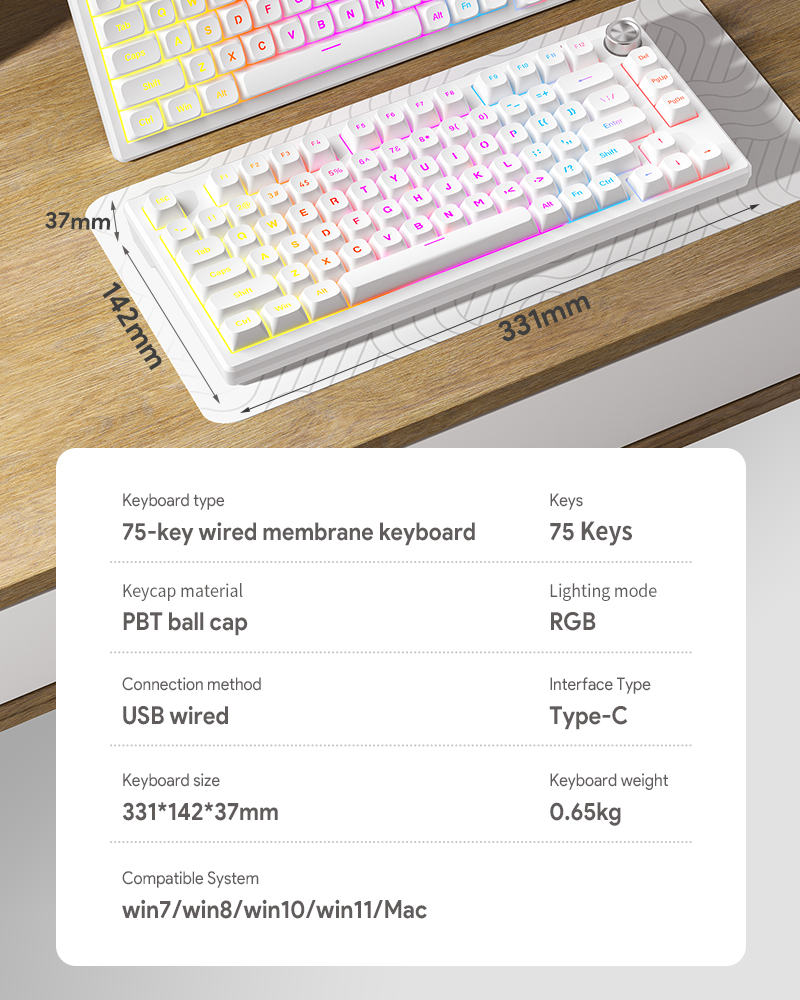FURYCUBE IP75 Membrane Keyboard 75% Layout Knob Wired Keyboards RGB ...