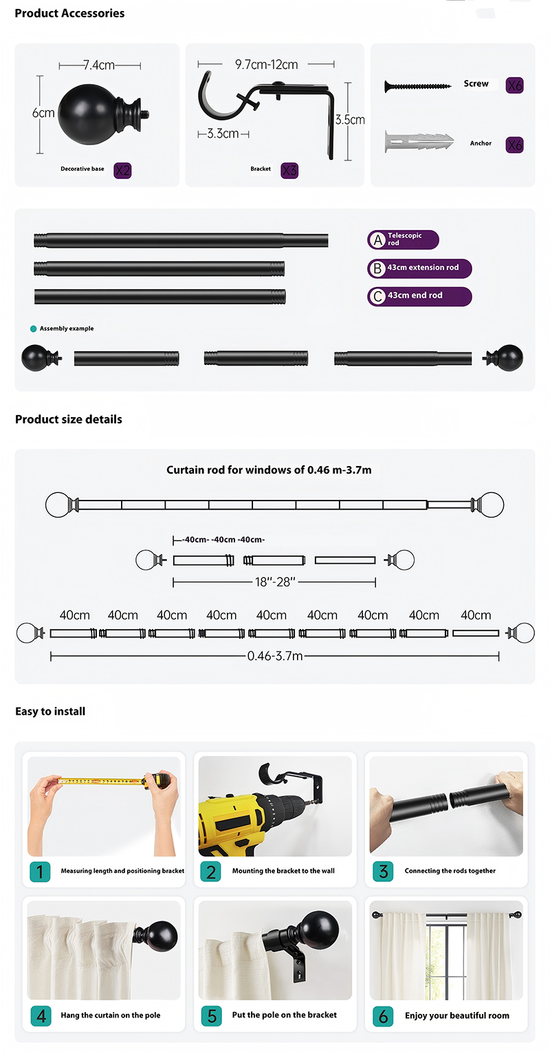 46-365 CM Curtain Rods Double Rod Brackets Suitable For Roman Blinds ...