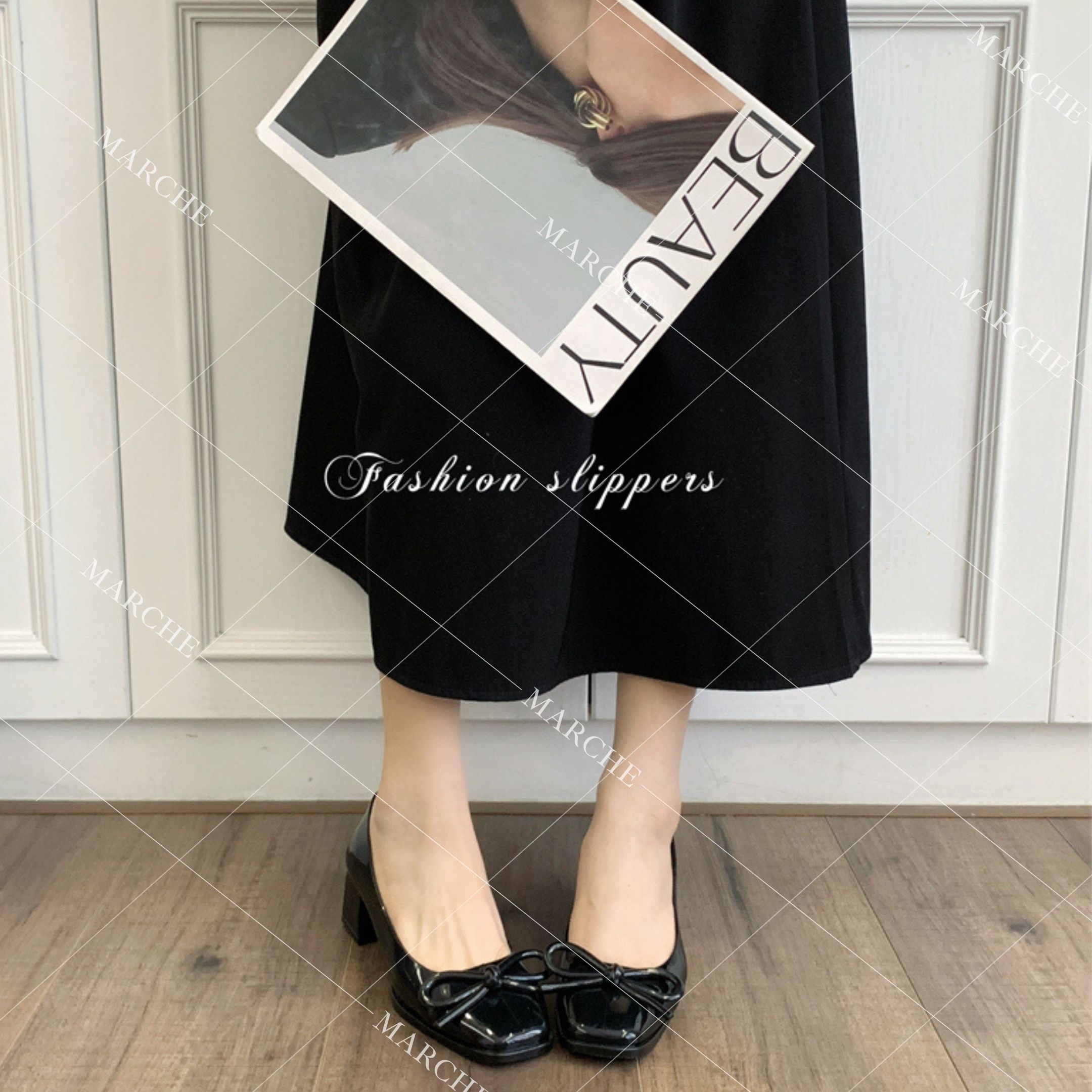 Marche Fashion Square Toe Glossy Rubber Thick Heel High-Heeled Single ...