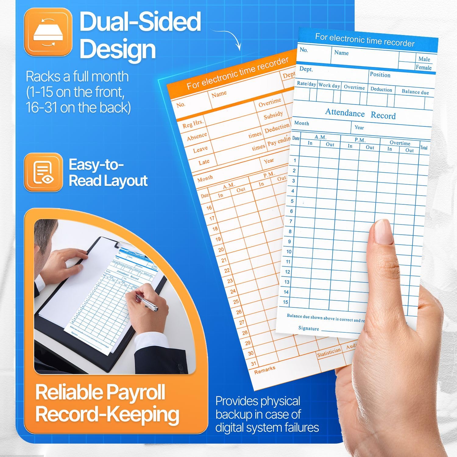 English Attendance Time Card 100Pcs/Pack Monthly 2-Sided Timecard for Employee Attendance ...
