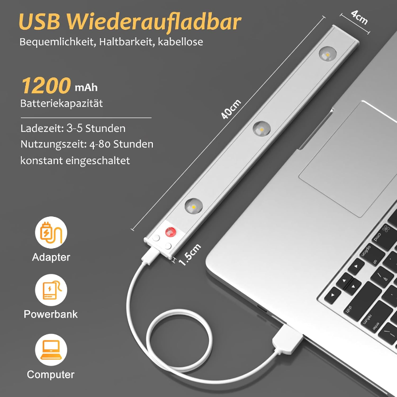 20/40/60CM 3-Color Motion Sensor Led Light Strip Rechargeabe Night ...