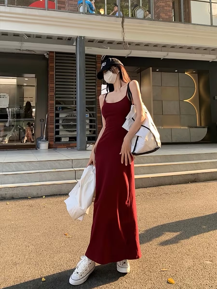 Hotgirl Sexy red slip dress French retro-style fitted A-line women's ...