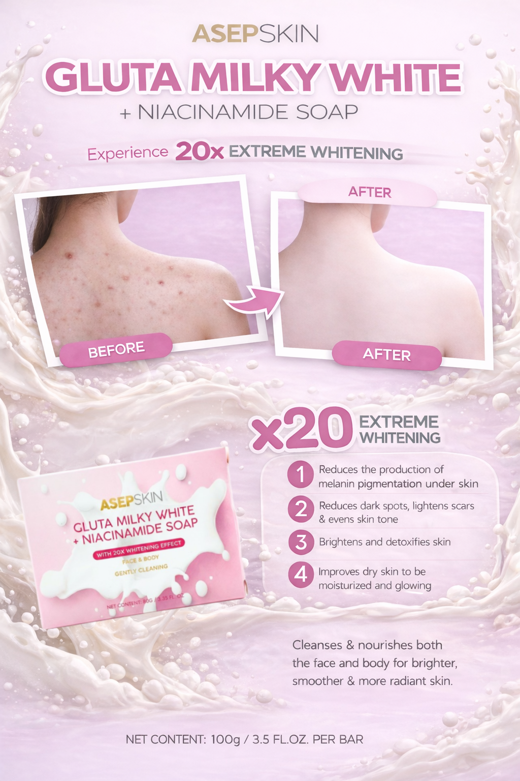 ASEP SKIN Gluta Milky White Niacinamide 20x Whitening -FREE MESH NET ...