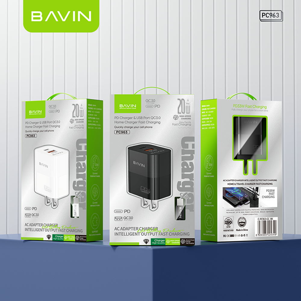 BAVIN PC963 20W PD Fast Charging AC Adapter w/ Dual Port Type-C & USB ...