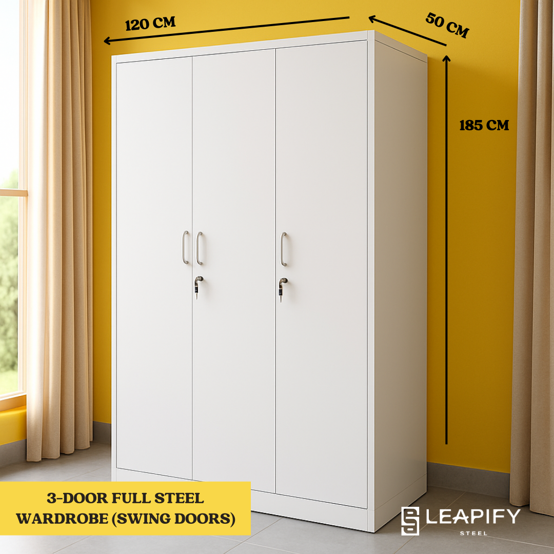 HANNAH | Full Steel 3-door Swing Wardrobe - with Hanging Rod and Mini ...