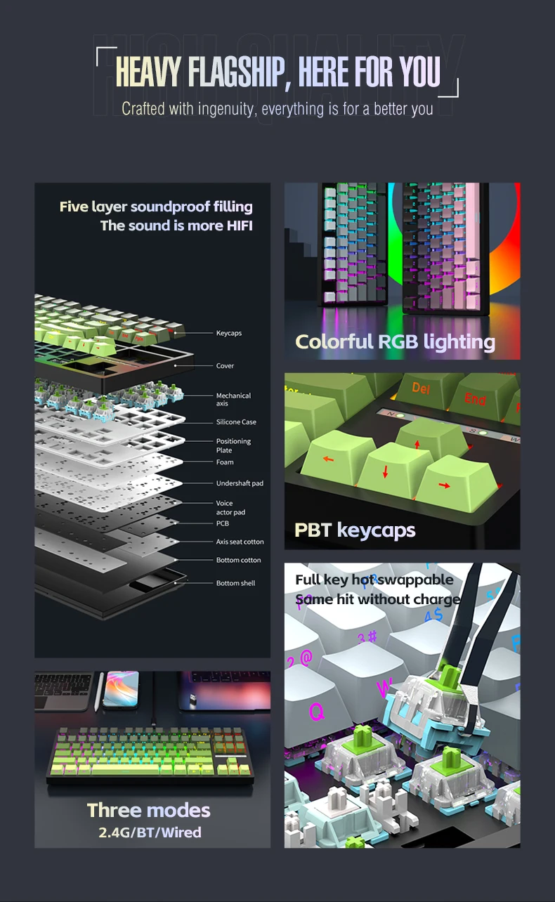 Leaven K88 87 Keys Tri-Mode Hot-Swappable RGB PBT Customize 3000mAh Li-on Polymer Gaming ...