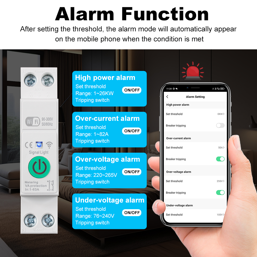 For TUYA 63A WiFi/Zigbee MCB Smart Circuit Breaker Over Current Under ...