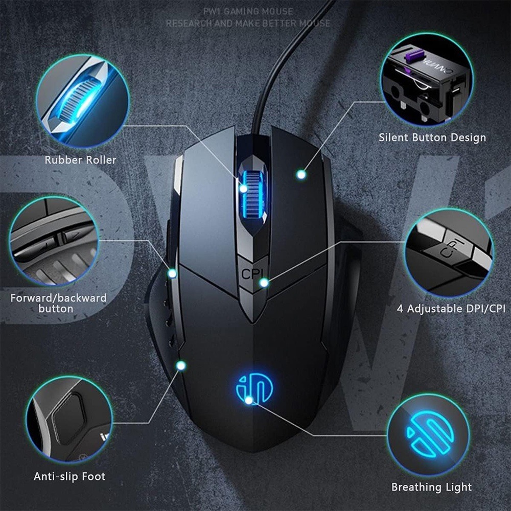 INPHIC W1 Gaming Mouse Wired 7200DPI Optical Mice 6 Programmable ...