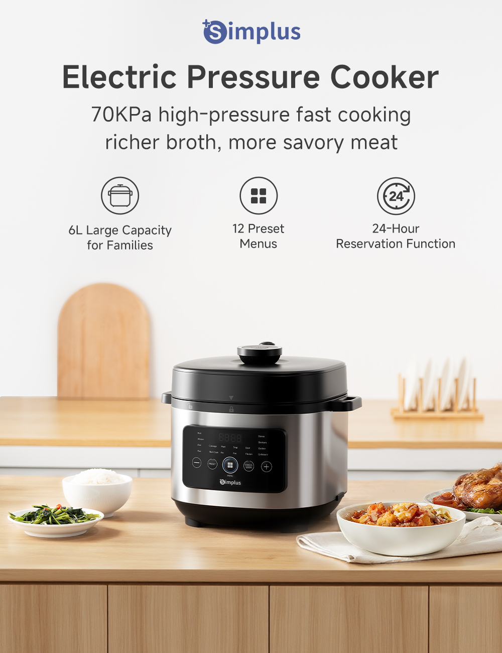 Simplus 6L Electric Pressure Cooker 70kPa High-Pressure Quick Rice ...