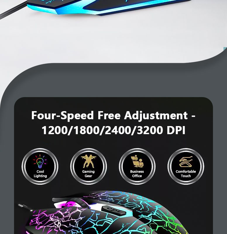 Wired Crack Gaming Mouse with 7Color Breathing Backlight 4Speed DPI and ...