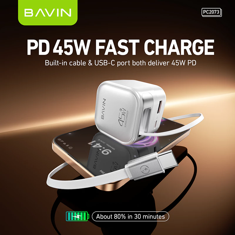 BAVIN PC2077 PD45W QC3.0 Fast Charging Charger w/Retractable Cable+Foldable AC Plug for Laptop ...