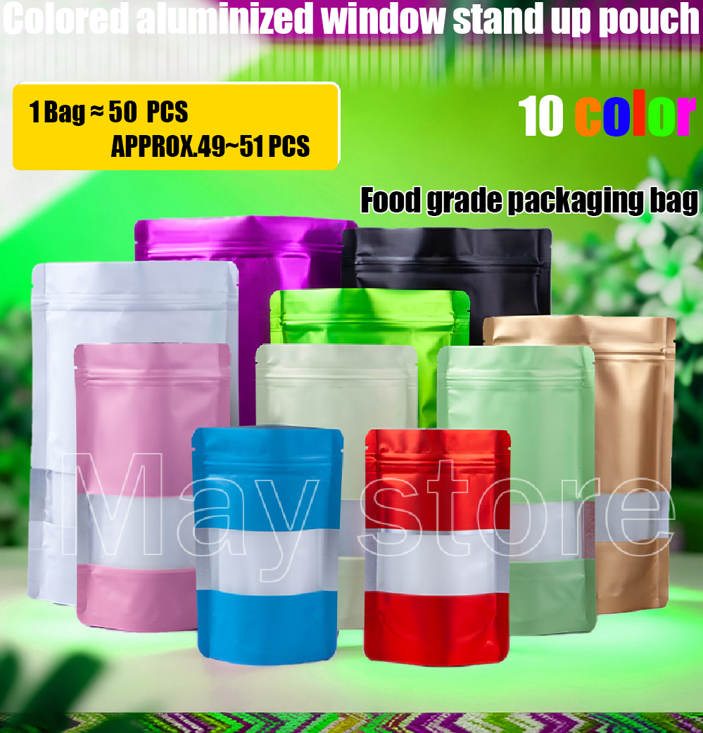 50pcs Colored Aluminized Food Bag Window Stand Up Pouch With Zip Lock ...