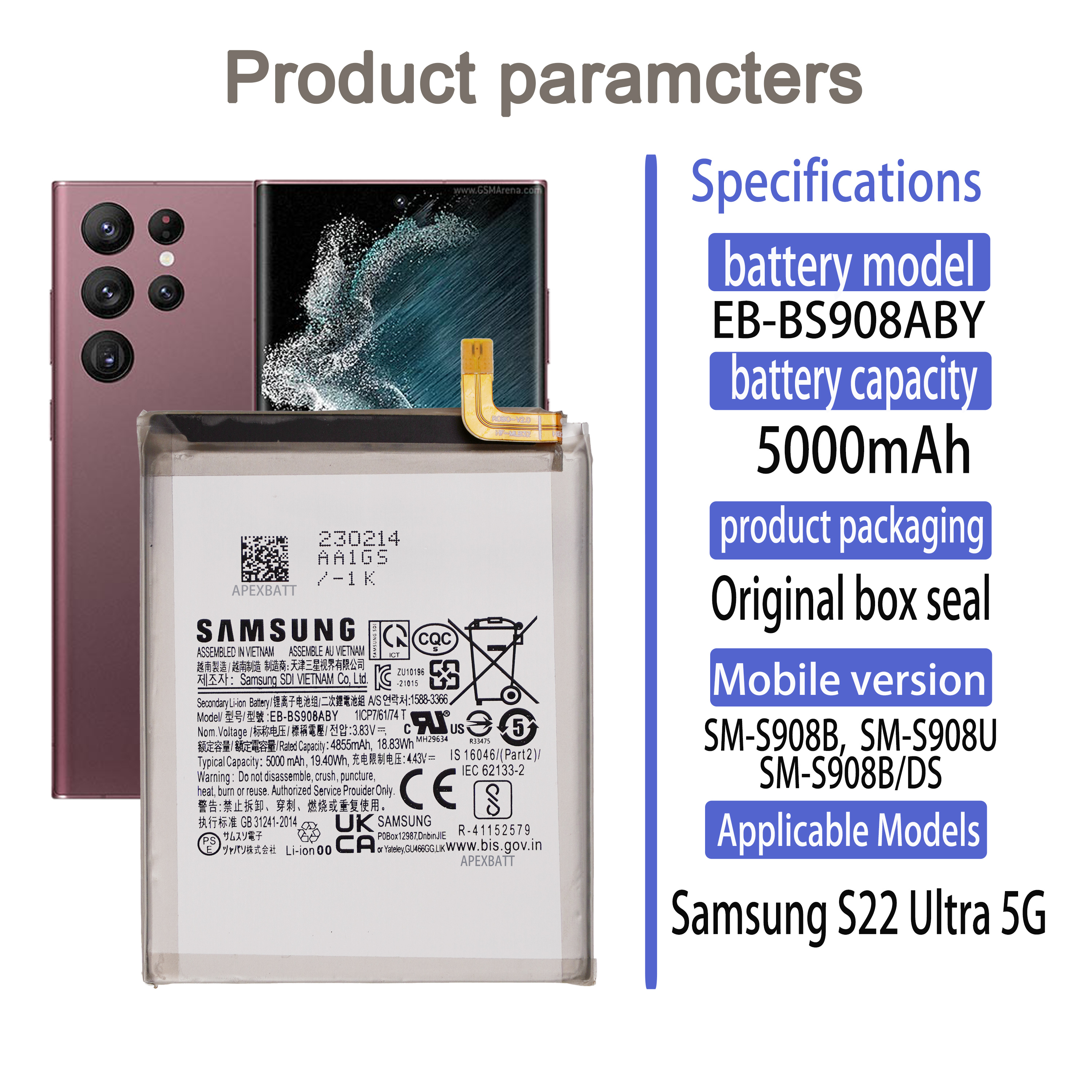 APEXBATT For Samsung Galaxy S22 Ultra 5G Battery SM-S908B/DS 5000mAh EB ...