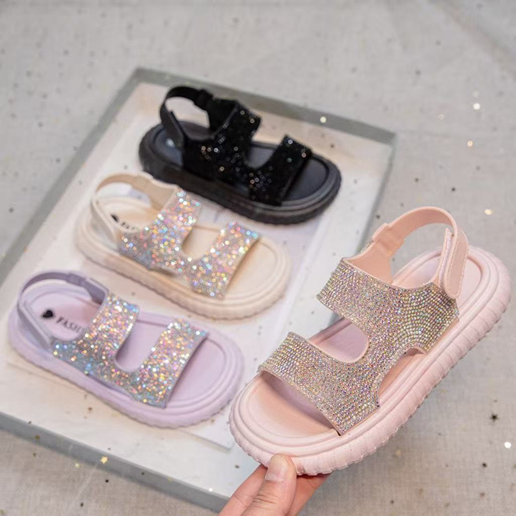 Korea kids Cute Classic Two Strap Buckle Diamond Shiny sandals for ...