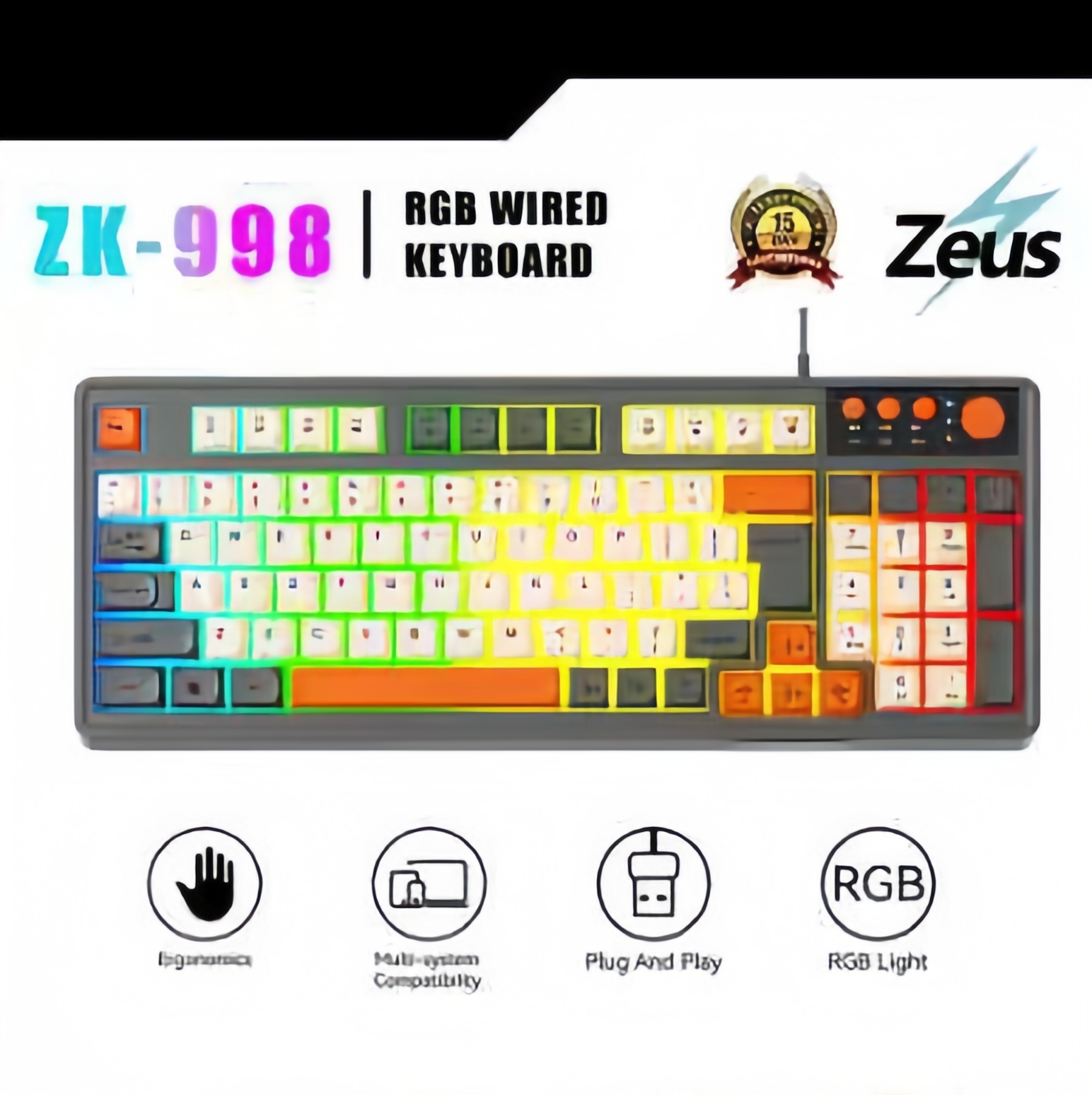 Zeus Wired Rainbow LED Gaming Keyboard 98 Keys Silent Media Keys Volume ...