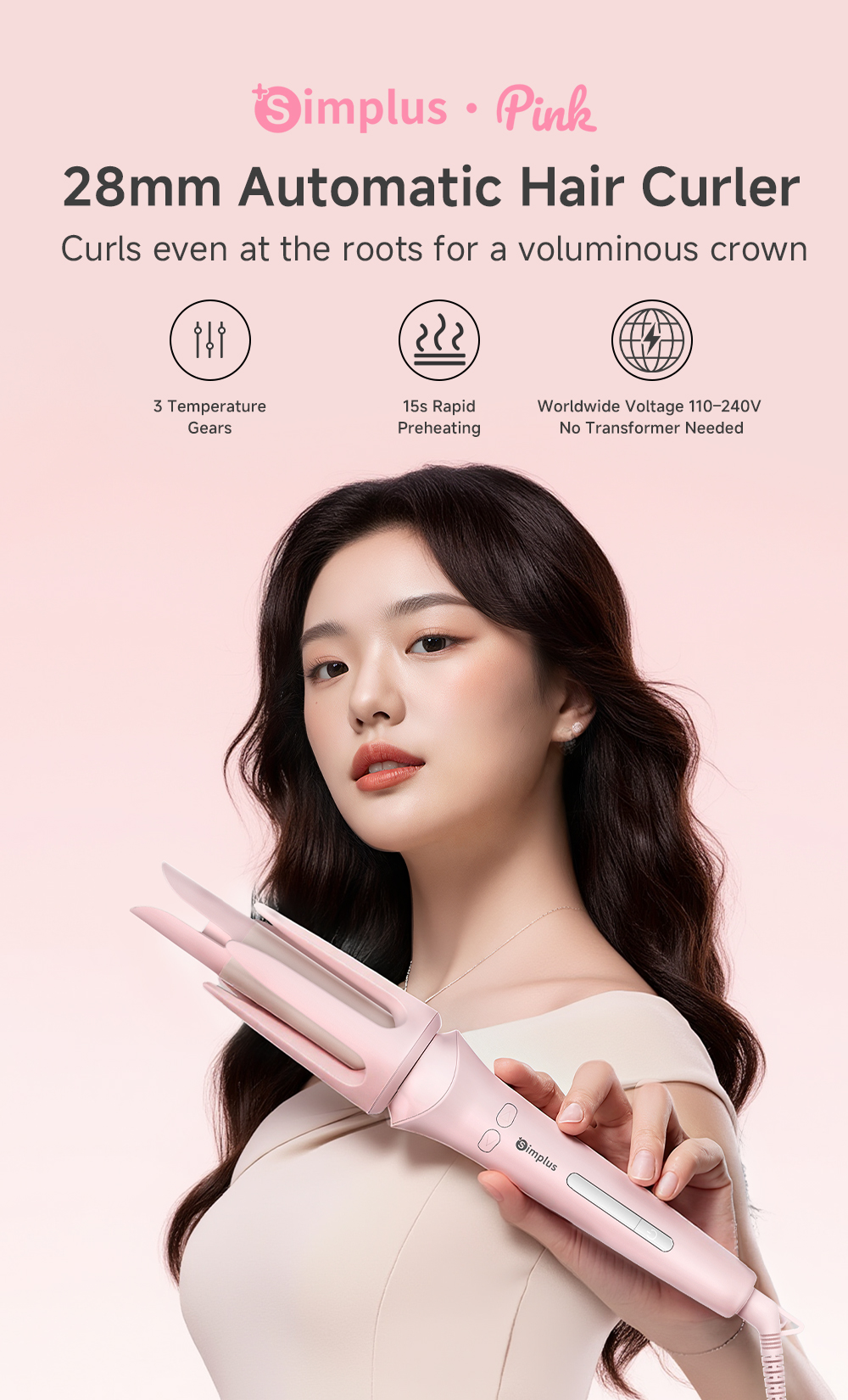 Simplus Pink Automatic Hair Curler 28mm Egg Roll Style with 3 Temp ...