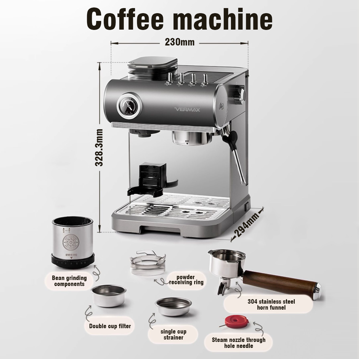 Vermax Barista Express Espresso Machine with Grinder & Boiler 20Bar ...