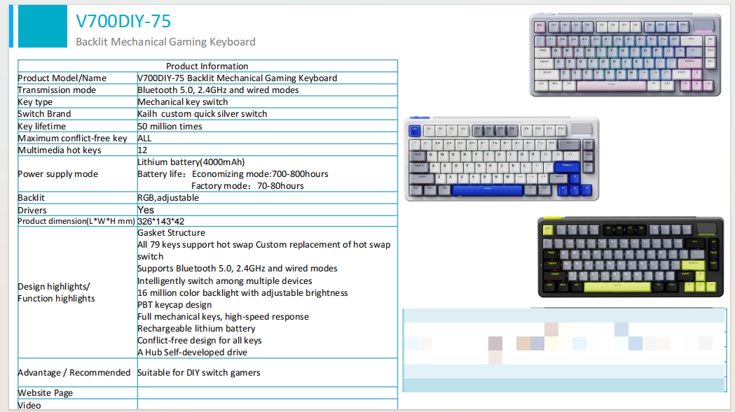 RAPOO V700-DIY75 Keyboard 79Key RGB Wired/Bluetooth 2.4G/Gasket ...