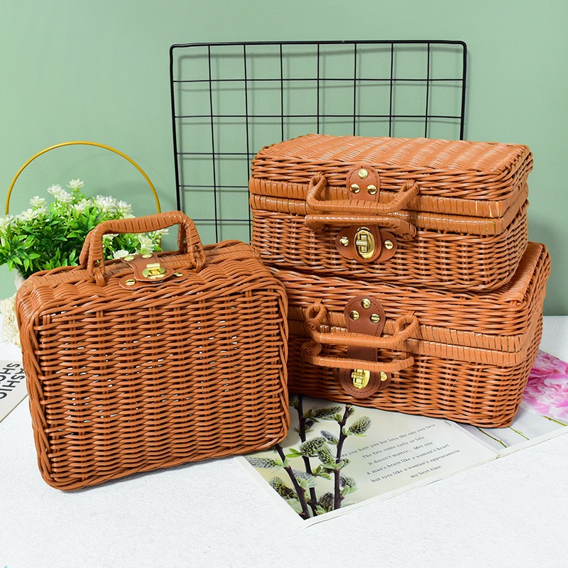 W4Y Rattan Suitcase Vintage Decor Baskets with Lids Makeup Carrying ...