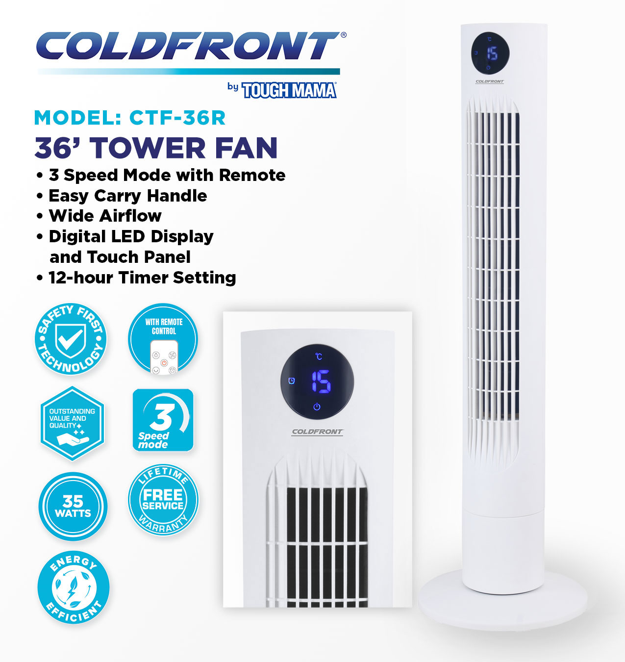 Coldfront by Tough Mama CTF-36R 36" Tower Fan with LED Display Remote and 12-Hour Timer | Shopee ...