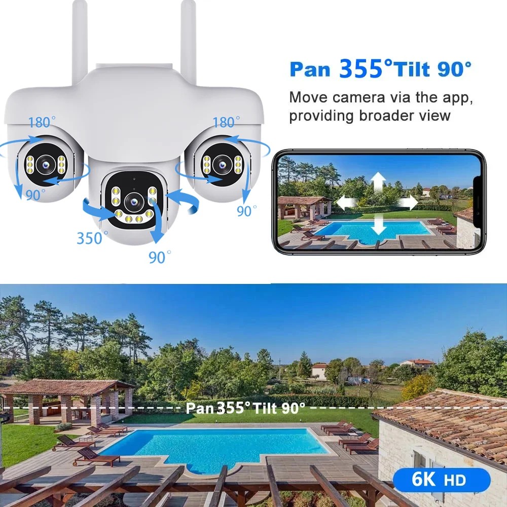 V380 Three Lens CCTV Camera 15MP Outdoor Waterproof Night Vision PTZ ...