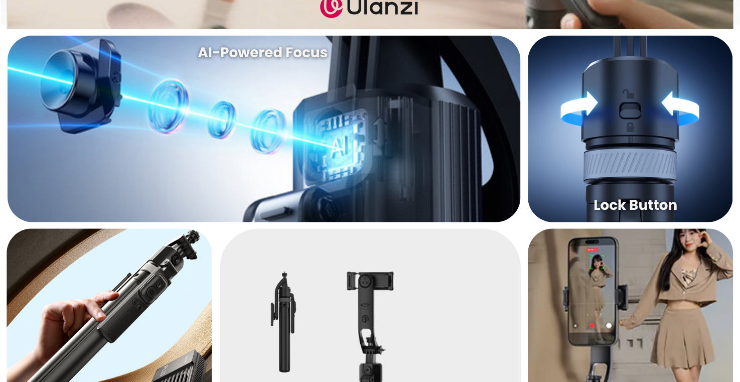Ulanzi TT23 Auto-Tracking Selfie Stick Tripod with Quick Deploy Quad-Leg Support, Gesture ...