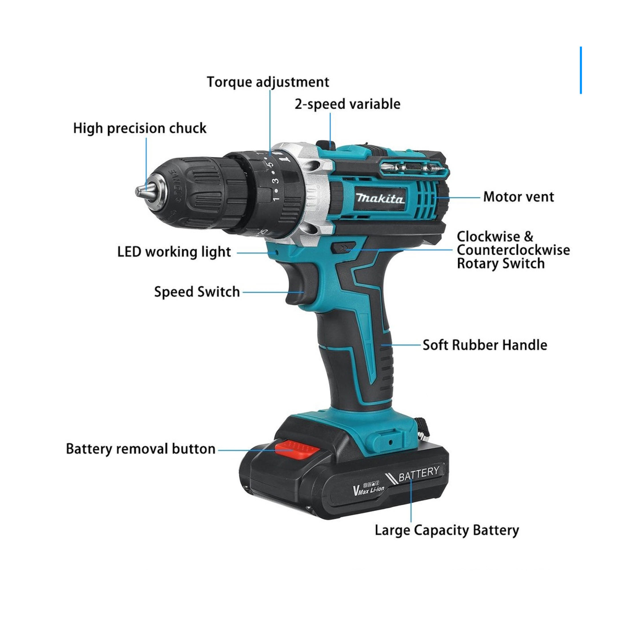 Makita Cordless Electric Drill 48V 2x Battery Heavy Duty Cordless ...