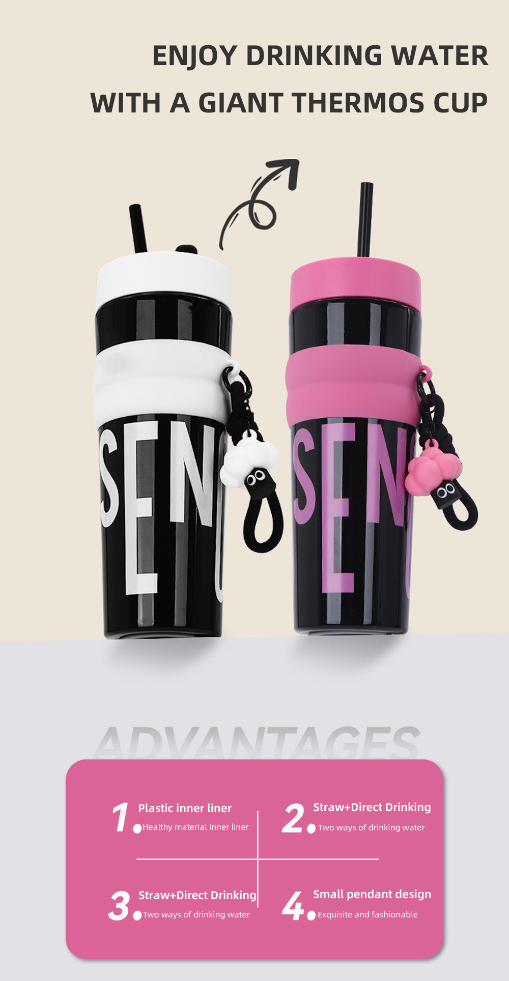 Large Capacity Straw Cup Ice Water Bottle With Handle Portable Dopamine ...