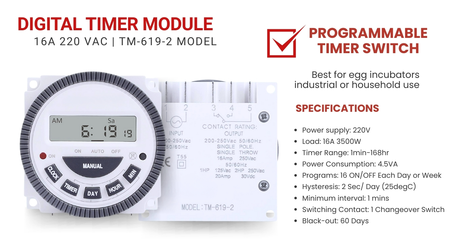 Digital Timer Module 220V for Egg Incubators Timer Switch 16A Weekly ...