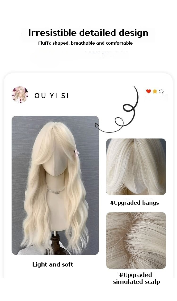 65CM Women Blonde Long Curly Wigs Natural Big Wave With Bangs Full Head ...