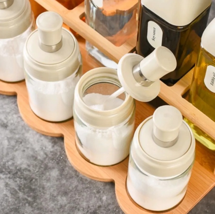 Set of 4 Glass Spice Container Cream-Colored Thick Glass Seasoning Jars ...