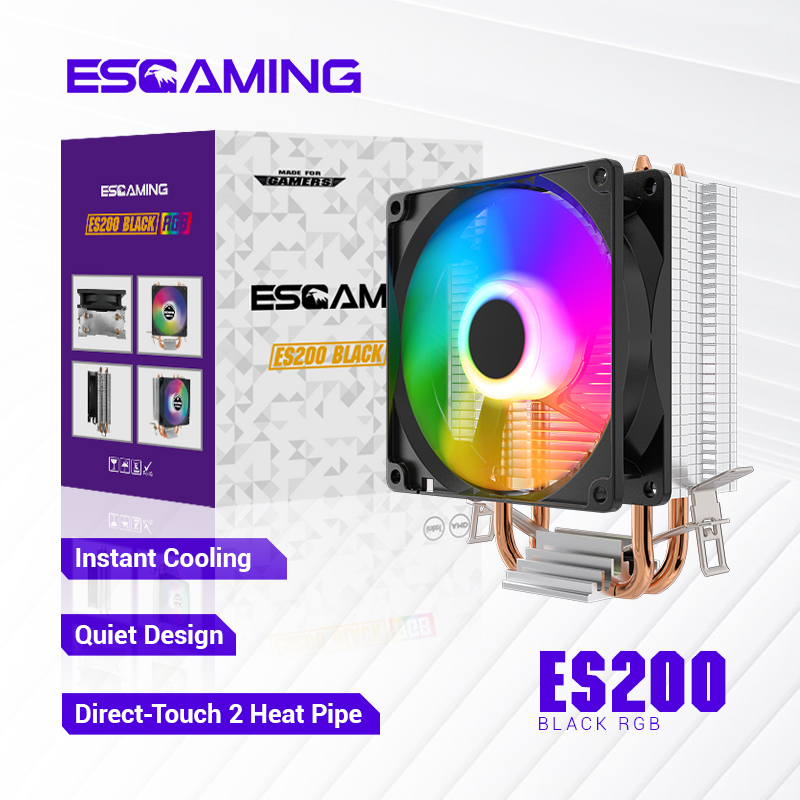 Esgaming ES200 CPU Cooler Computer 90mm Fan 2 Heat Pipes Tower Radiator ...