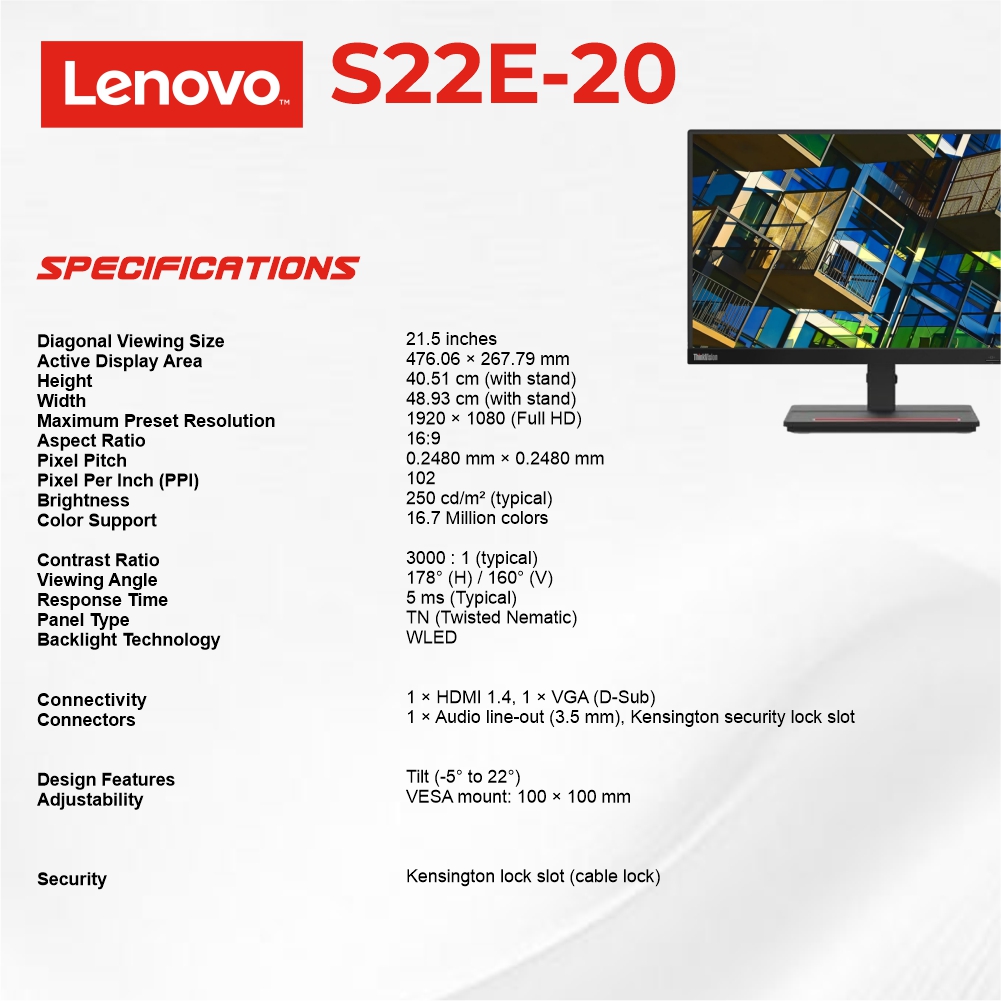 LENOVO ThinkVision S22E-20 22" FHD WLED Monitor - with HDMI & VGA Port ...