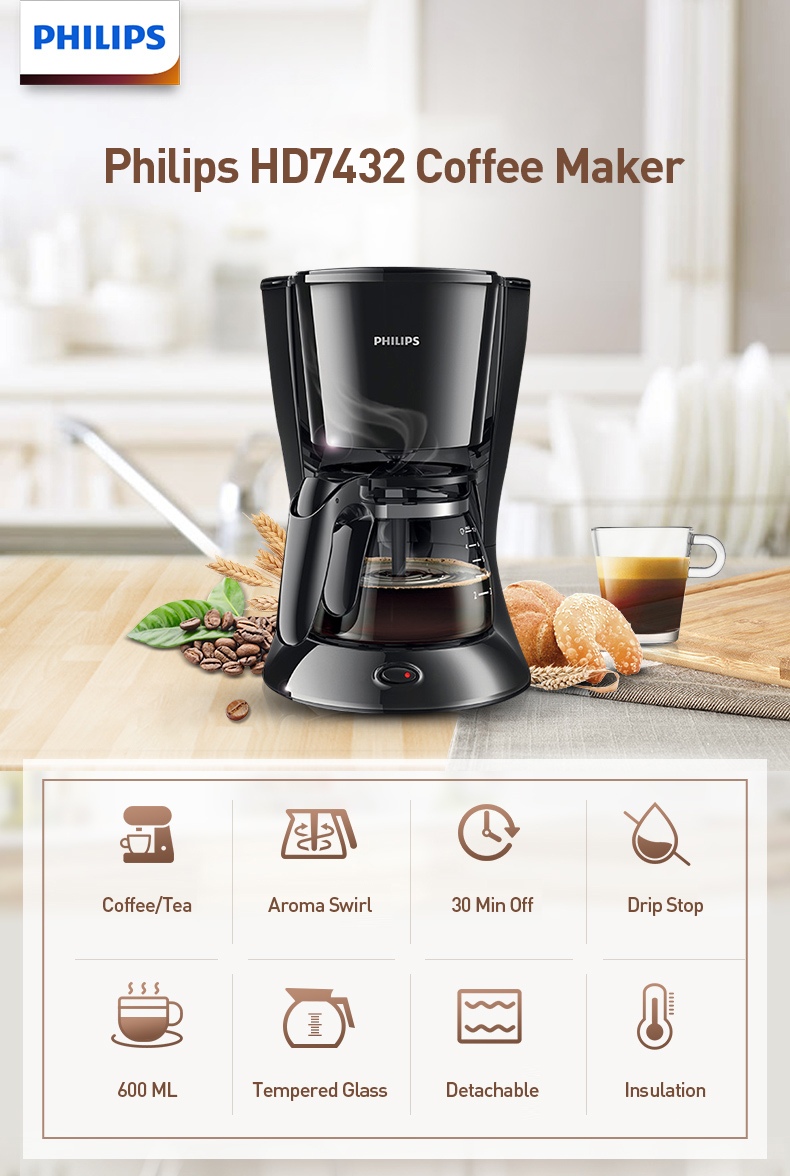 Philips HD7432 Coffee Maker - 600ml Multi-Function for Coffee & Tea ...