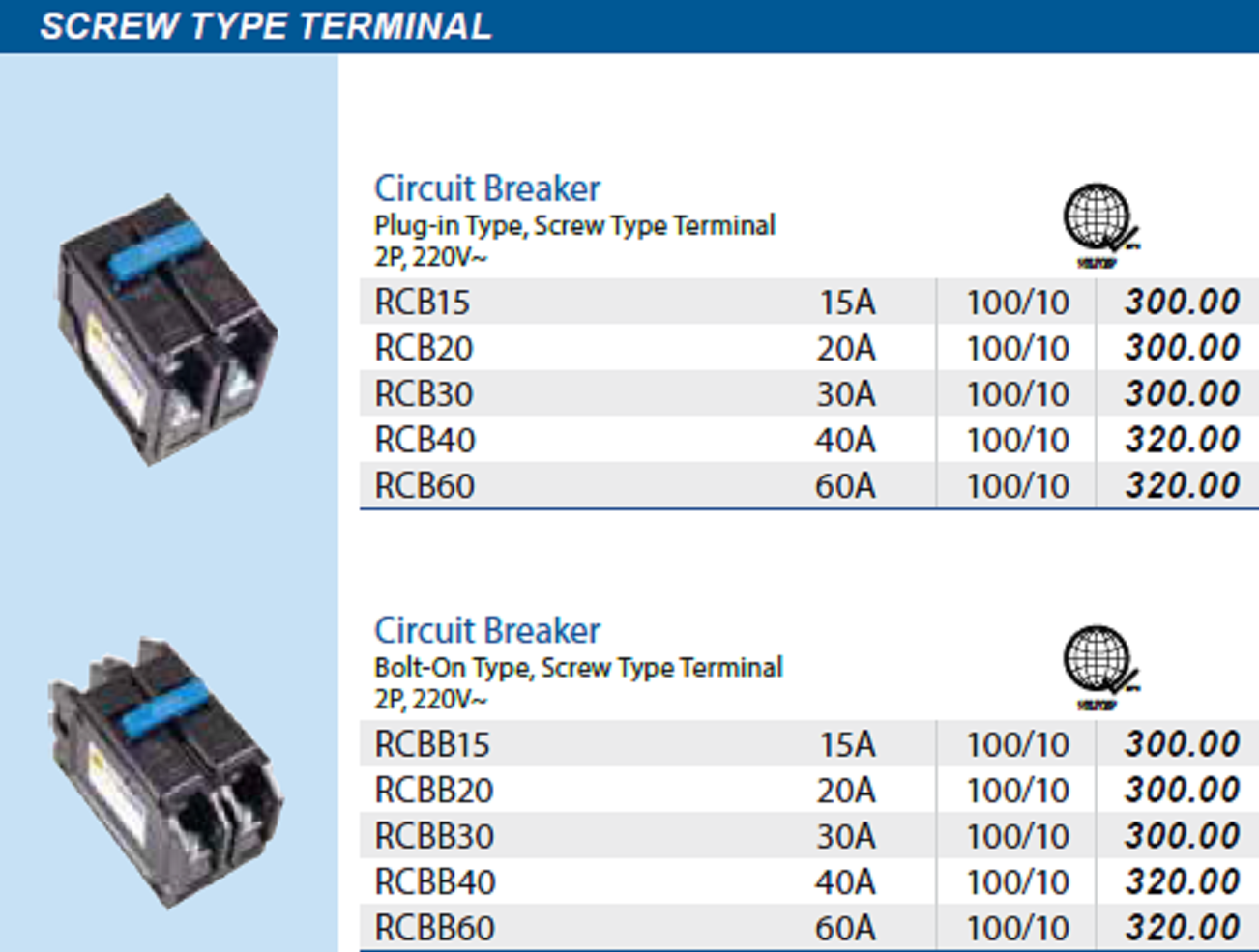 Royu CIRCUIT BREAKER (Bolt-On Type) Screw Type Terminal, 2-Poles, 220V ...