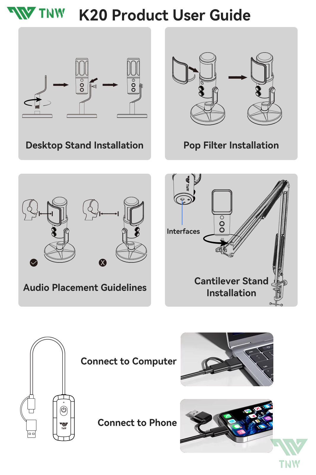 TNW K20 USB Condenser Microphone RGB Gaming Mic Smart Noise Reduction ...