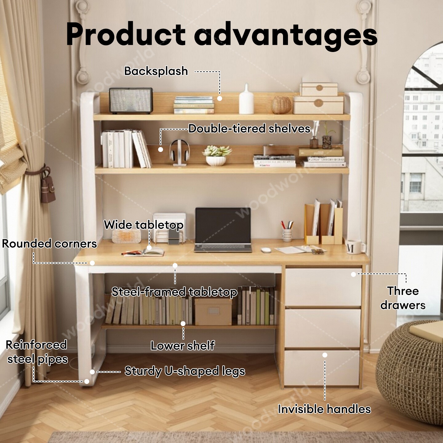 Study Table with Bookshelf U-Shaped Legs 100/120/140CM Wide Computer ...
