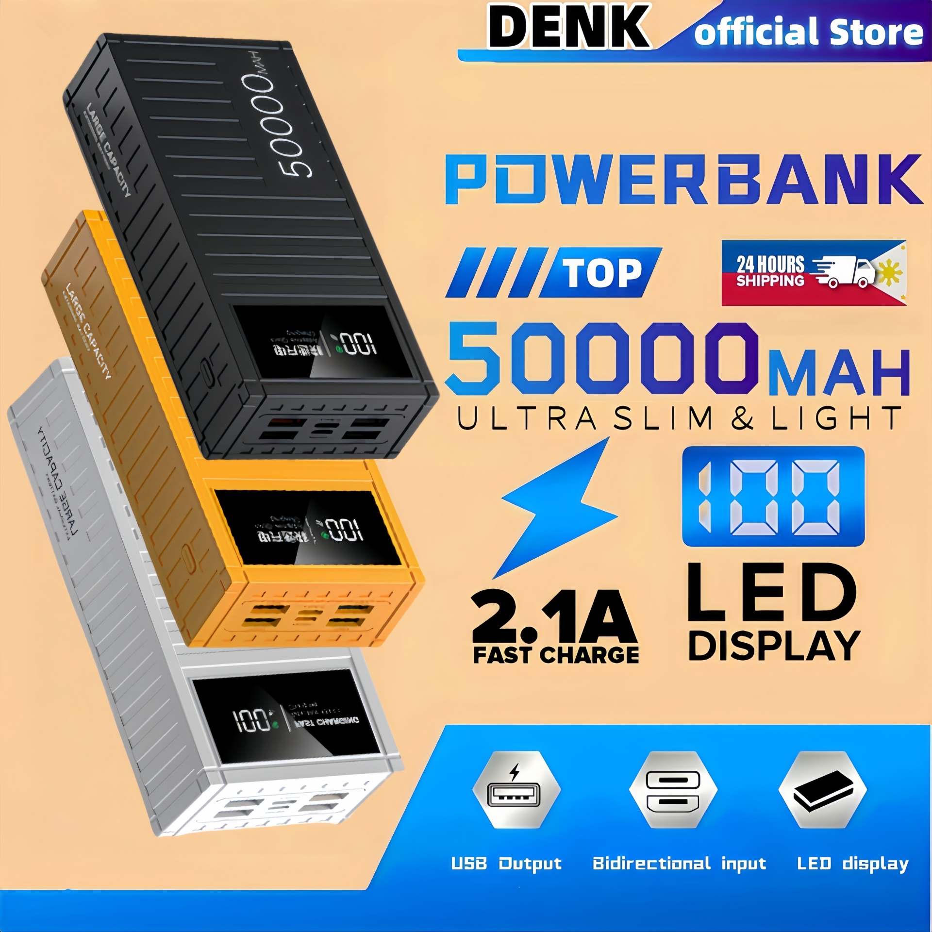 Denk Power bank 50000mAh 4 USB outputs 3 cables original branded fast ...