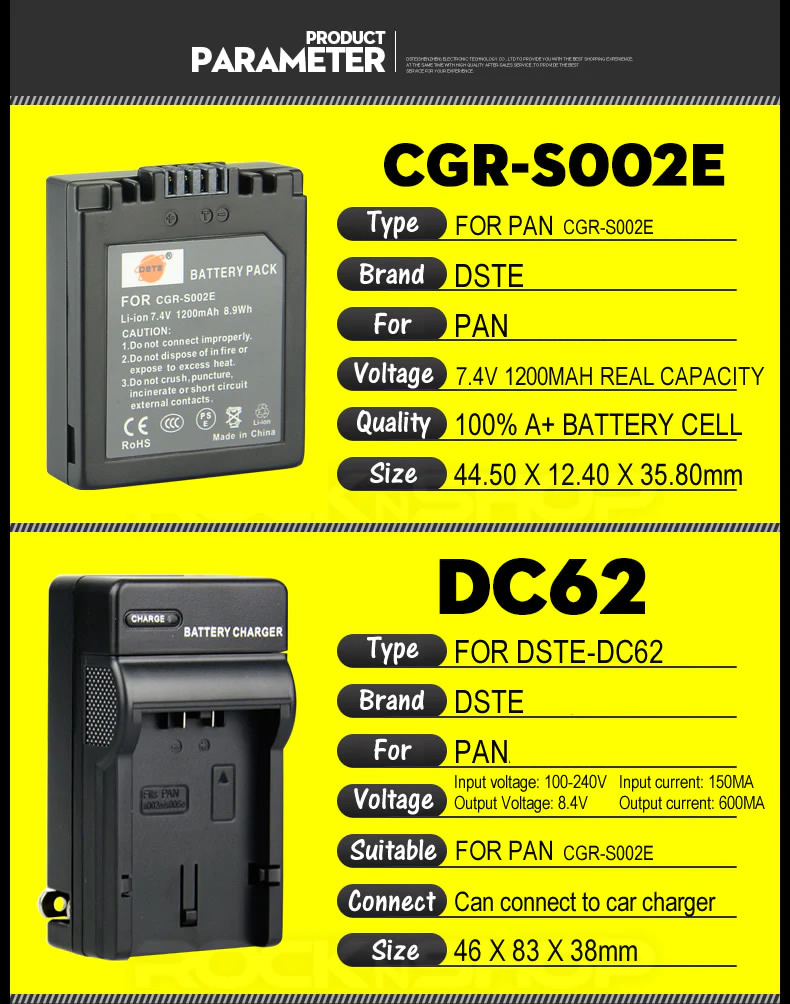DSTE CGR-S002E CGA-S002 Replacement Battery or Charger DC62 for DMC ...